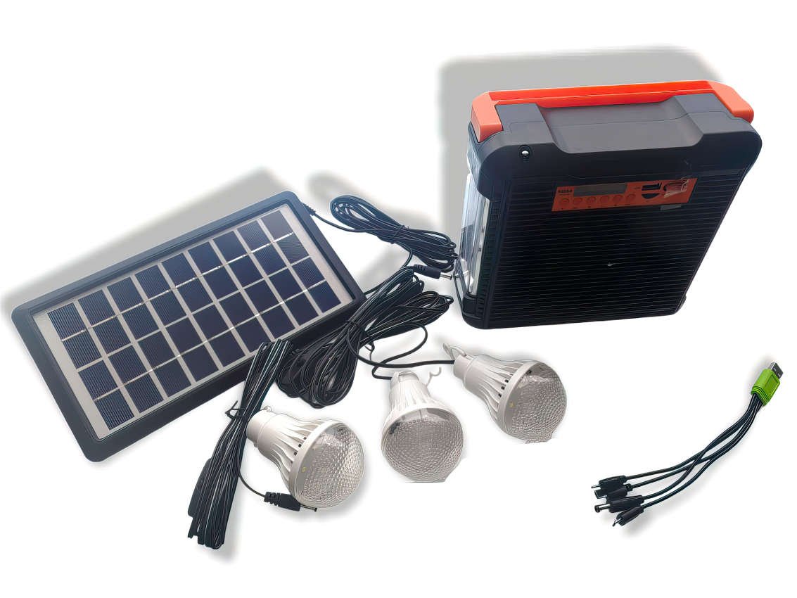Panel solar con 3 bombillos, batería, linterna, radio MP3 y cargador ...